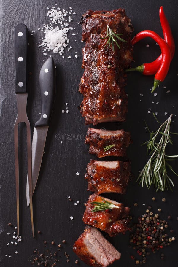 Bbq Pork Ribs Chopped Close Up Table Vertical Top View Stock Photos ...