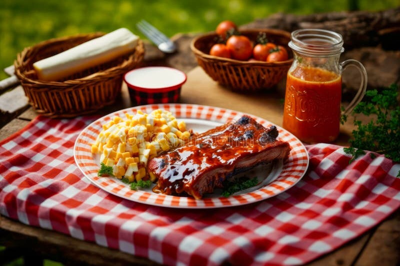 Bbq Ribs and Corn on the Cob on Picnic Table. Generative AI Stock Image ...