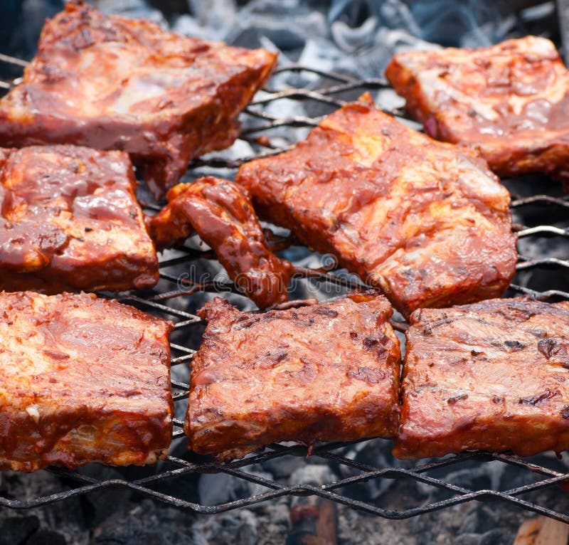 BBQ Ribs on Grill with Charcoal Stock Image - Image of lunch, dinner ...