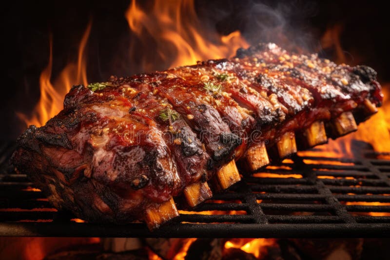 Bbq Ribs on Grill with Flames and Smoke Stock Photo - Image of ...