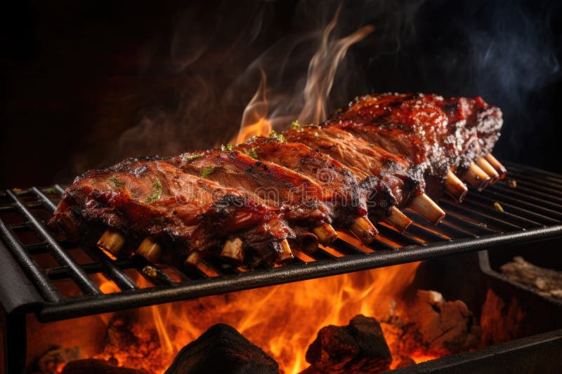 Bbq Ribs on Grill with Flames and Smoke Stock Image - Image of meat ...