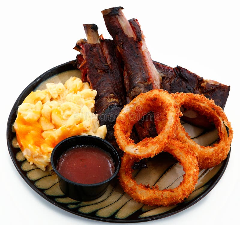 BBQ Ribs with Onion Rings and Macaroni and Cheese Stock Image - Image ...