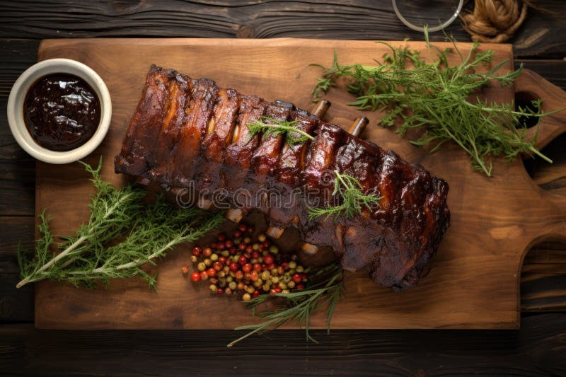 Bbq Ribs on Rustic Wooden Table, Top View Stock Illustration ...