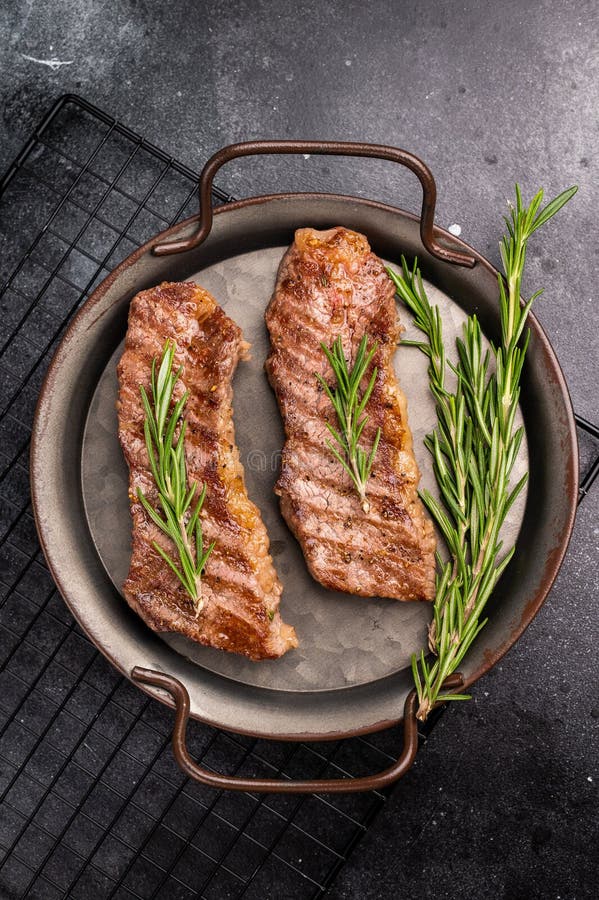 BBQ Roast Marbled Beef Steak, Beef Meat on Tray with Herbs. Black ...