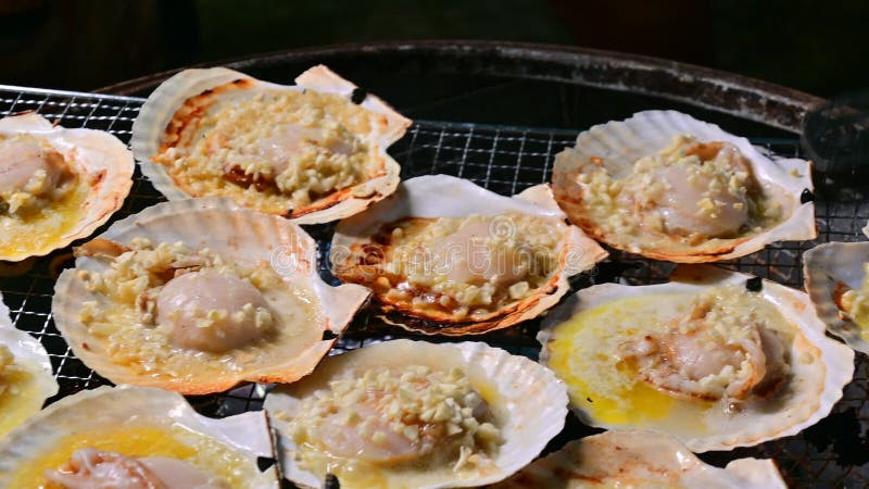 Barbeque Grill Fire Charcoal Garlic Scallop Shell Stock Video - Video ...