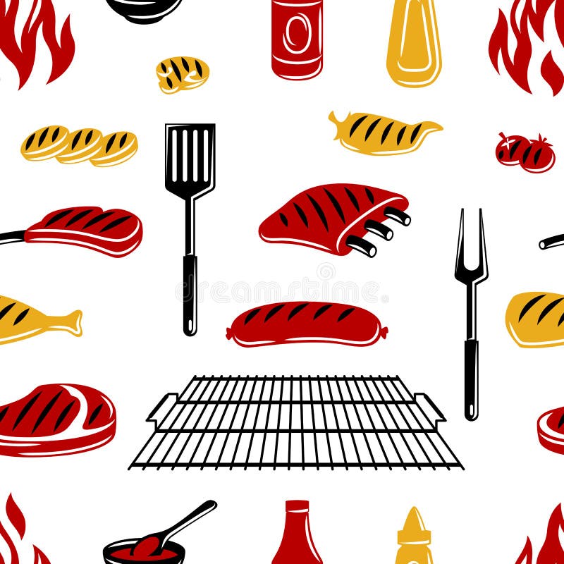 Bbq Seamless Pattern with Grill Objects and Icons. Stylized Kitchen and ...