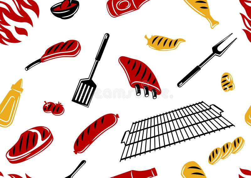 Bbq Seamless Pattern with Grill Objects and Icons. Stylized Kitchen and ...
