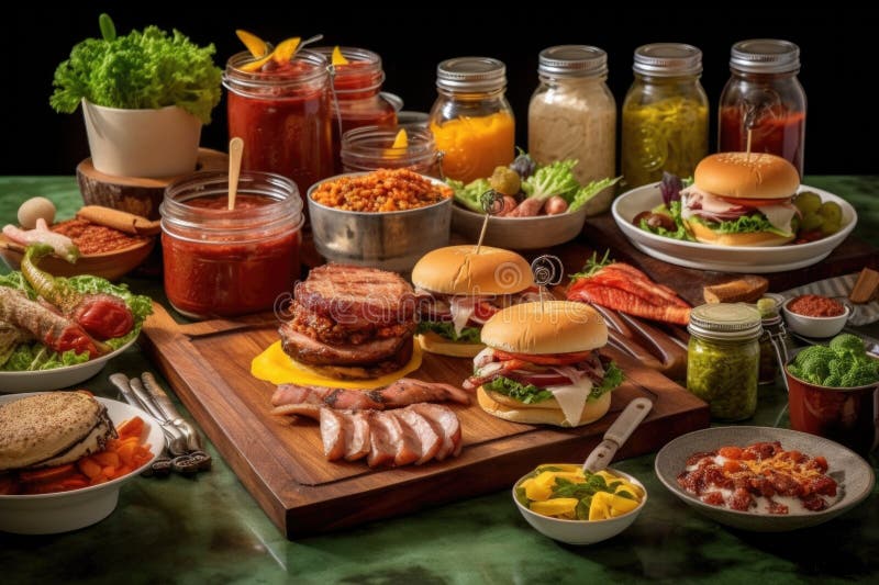 Bbq Set-up with Various Burger Toppings and Condiments Stock ...