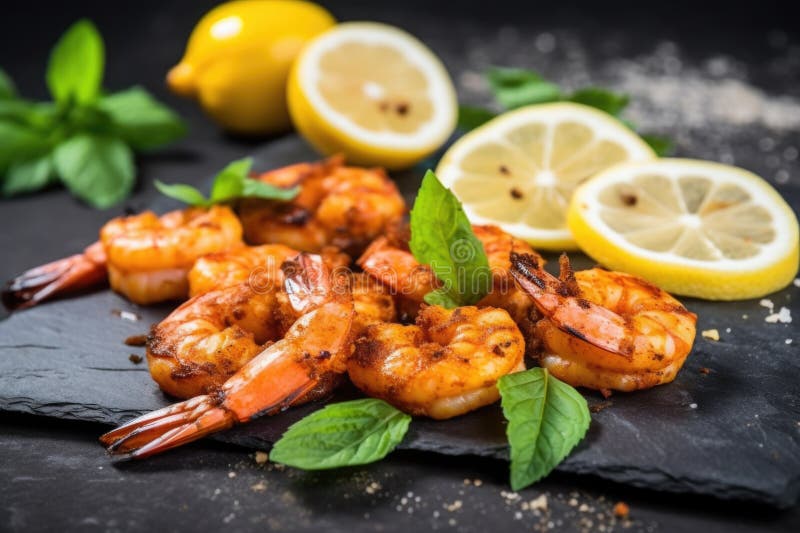 Bbq Spiced Shrimps on a Stone Slab with Lemon Wedges Stock Image ...