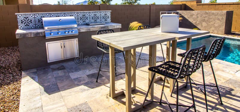 BBQ Station and Tall Tables with Stools Stock Image - Image of tables ...