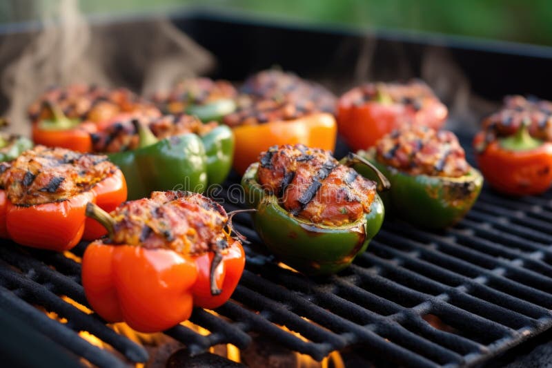 Bbq Stuffed Bell Peppers on Grill with Smoke Rising Stock Image - Image ...