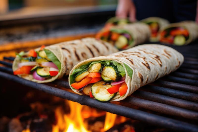 Bbq Veggie Wraps on an Open Wood Fire Grill Stock Image - Image of ...