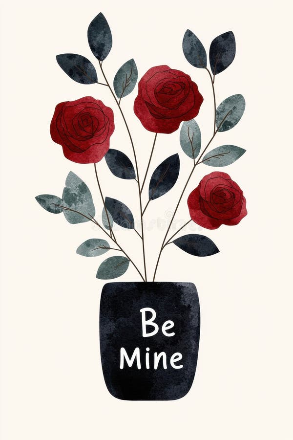 Be Mine: Red Roses in a Black Pot Stock Illustration - Illustration of ...