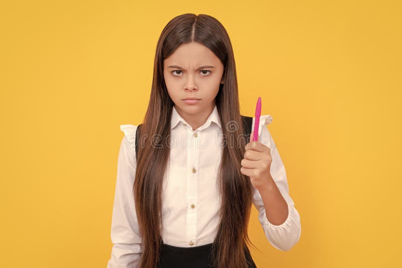 Always Be Serious about Learning. Frown Kid Hold Pen. School Education ...