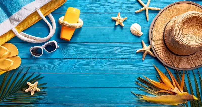 Beach Accessories on Blue Plank Summer Holiday Banner Generated by Ai Stock Photo - Image of ...