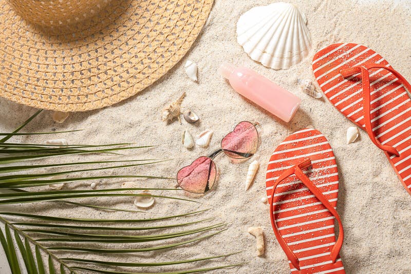 Beach Accessories and Sea Shells on Sand Stock Image - Image of ...