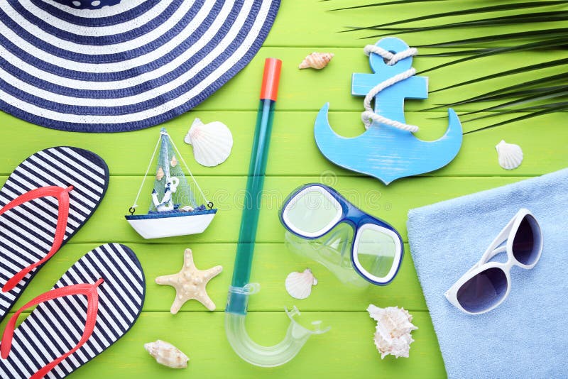 Beach Accessories with Seashells Stock Image - Image of beauty, mask ...