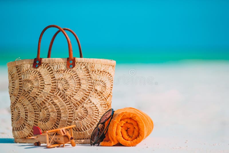 Beach Accessories - Straw Bag, Hat and Unglasses on the Beach Stock Image - Image of coast ...