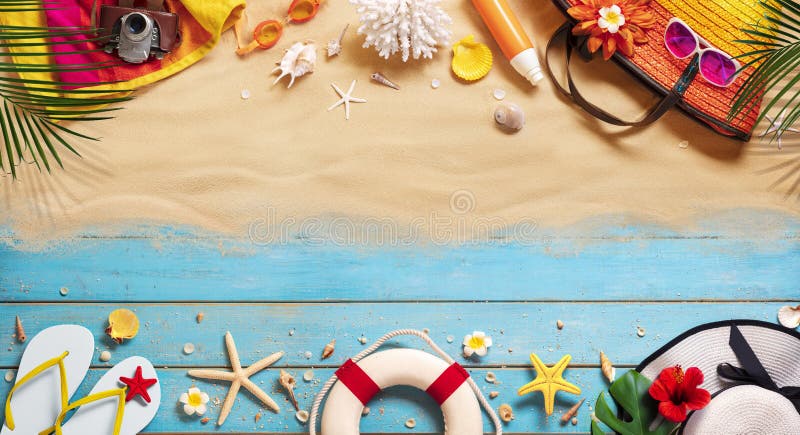 Beach Accessories on Tropical Sand Stock Photo - Image of table ...