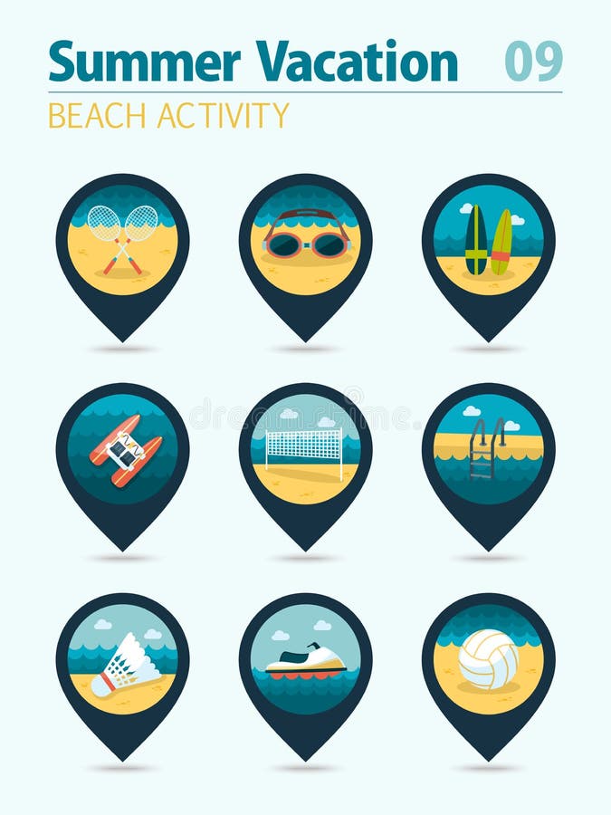 Beach Activity Pin Map Icon Set. Summer. Vacation Stock Vector ...