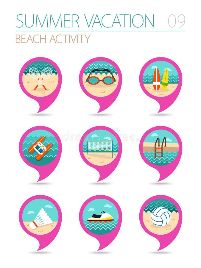 Beach Activity Pin Map Icon Set. Summer. Vacation Stock Illustration ...
