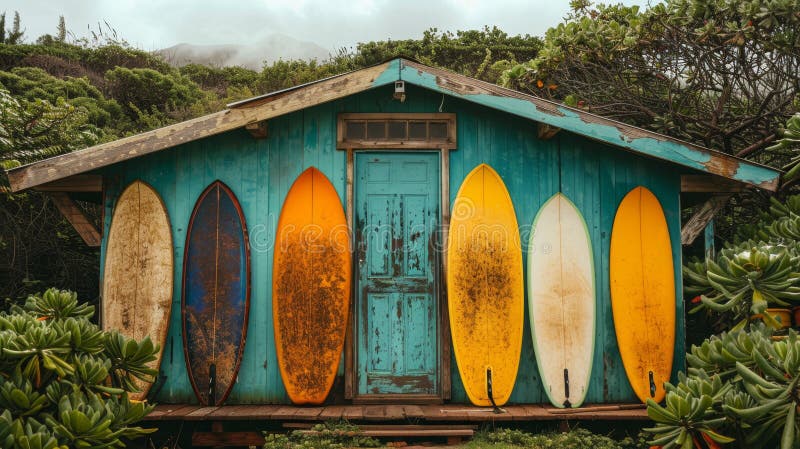 Beach Aesthetic, Old Surfboards Propped Against a Rustic Beach Shack ...
