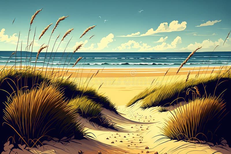 Beach Along the North Sea with Dunes Stock Illustration - Illustration ...