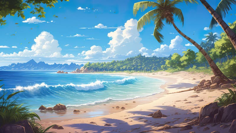 Beach Anime Artwork with Palm Trees, Wallpaper Design Stock ...