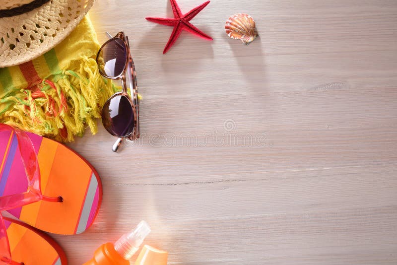 Beach Articles Prepared on a Wooden Table Top View Stock Image - Image ...