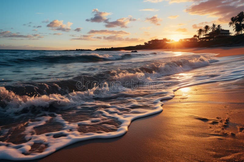 Beach Awash in Gentle Sunrise Waves, Sunrise and Sunset Wallpaper Stock ...