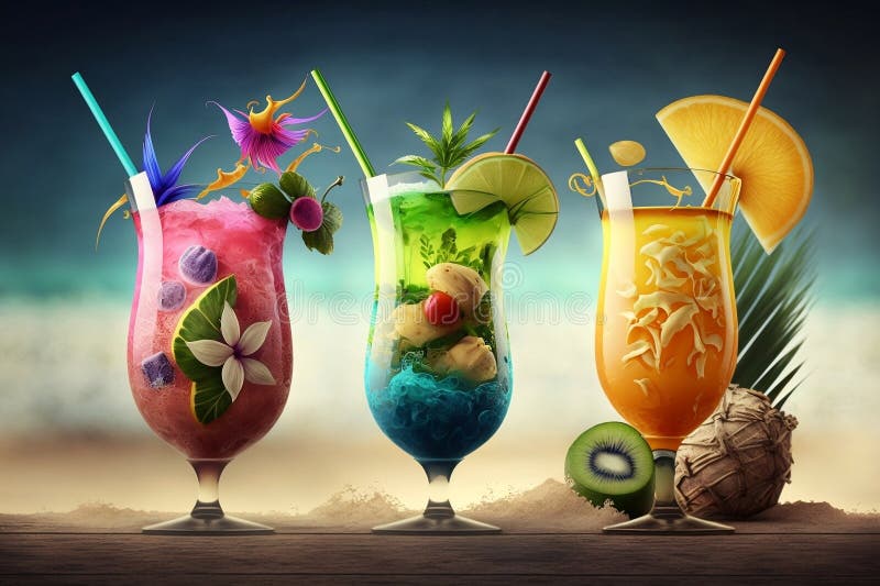 Beach Background with Fresh Cocktails and Juice Drinks. AI Stock ...