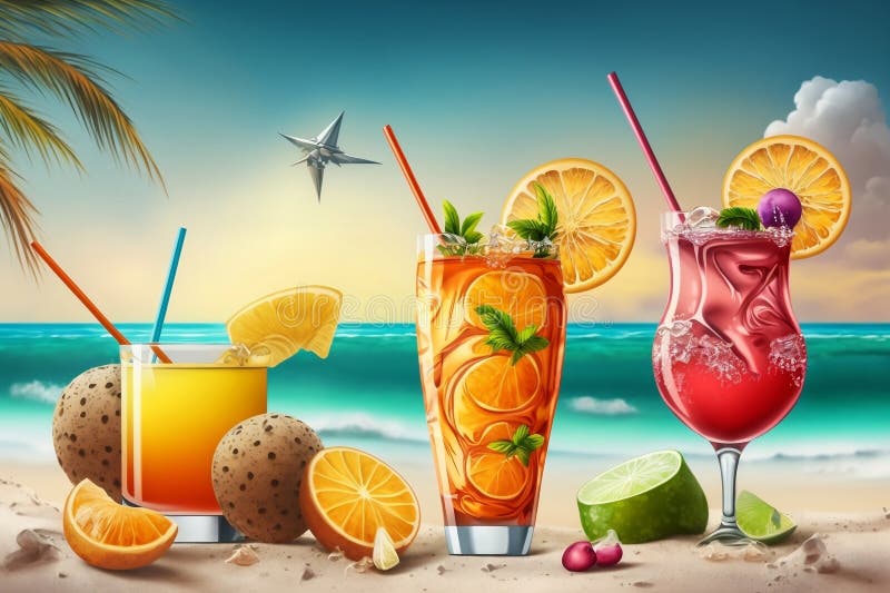 Beach Background with Fresh Cocktails and Juice Drinks. AI Stock ...