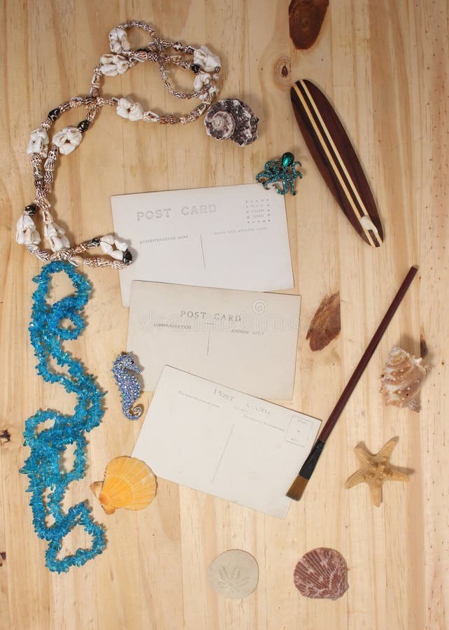 Beach Background with Vintage Post Cards and Shells Stock Image - Image ...