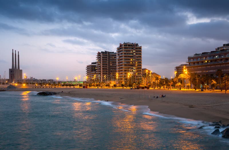 Beach of Badalona in Evening Stock Image - Image of illuminated ...