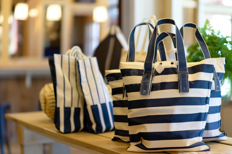 Beach Bags with Nautical Stripes Displayed on a Table Stock Photo ...
