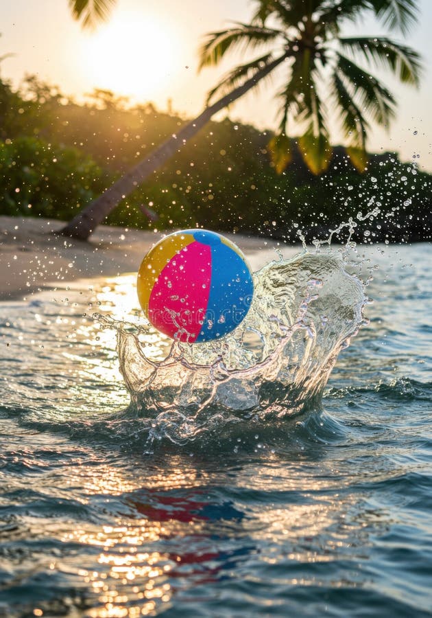 Beach Ball Splashing in Tropical Ocean at Sunset Stock Illustration ...