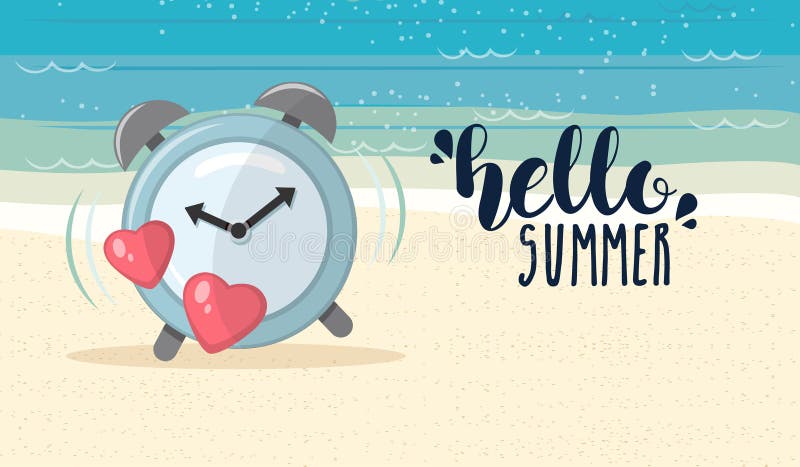 Beach Banner with a Clock and Hello Summer Text Stock Vector ...
