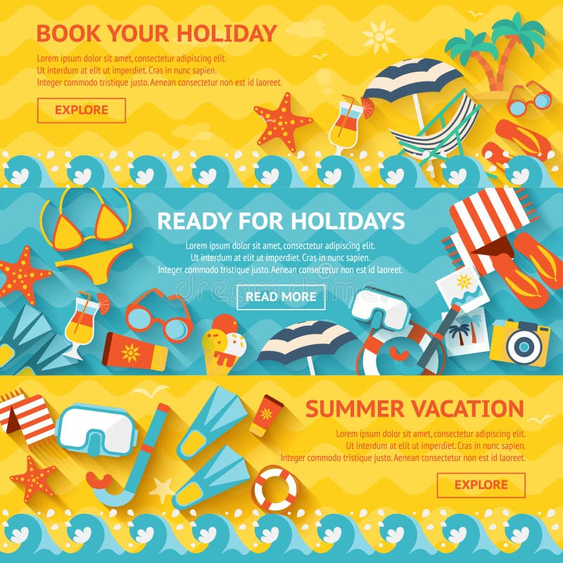 Beach Banner Flat Set stock vector. Illustration of summer - 70856407