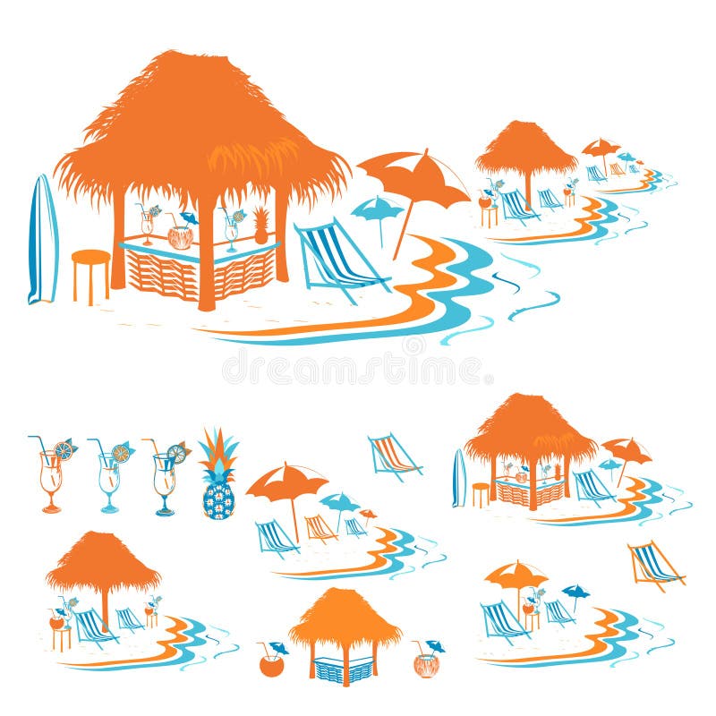 Set of Beach Bar Silhouettes with Cocktails by the Sea Stock Vector ...