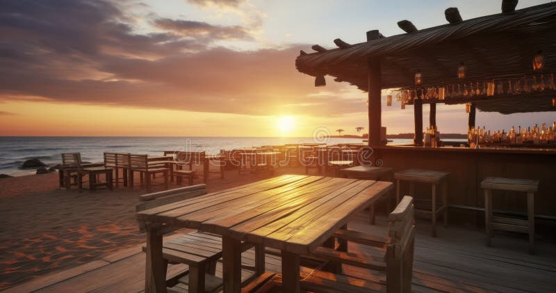 A Beach Bar Basks in the Glowing Hues of Sunset Stock Illustration ...