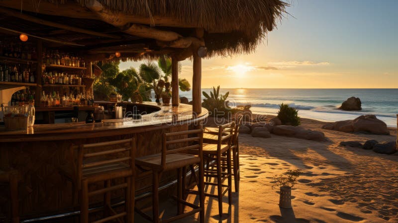 Beach Bar with Seascape at Sunset or Sunrise. Generative AI. Stock ...