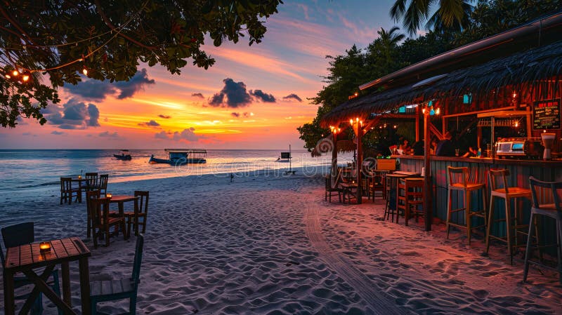 A Beach Bar at Sunset with Chairs and Tables Stock Photo - Image of ...