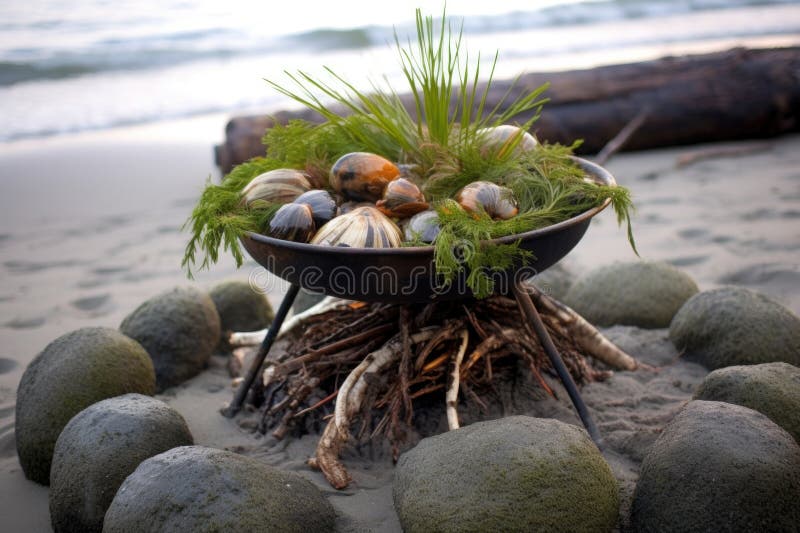 Beach Bbq Fire Pit with Quahogs and Seaweed Garnish Stock Illustration ...