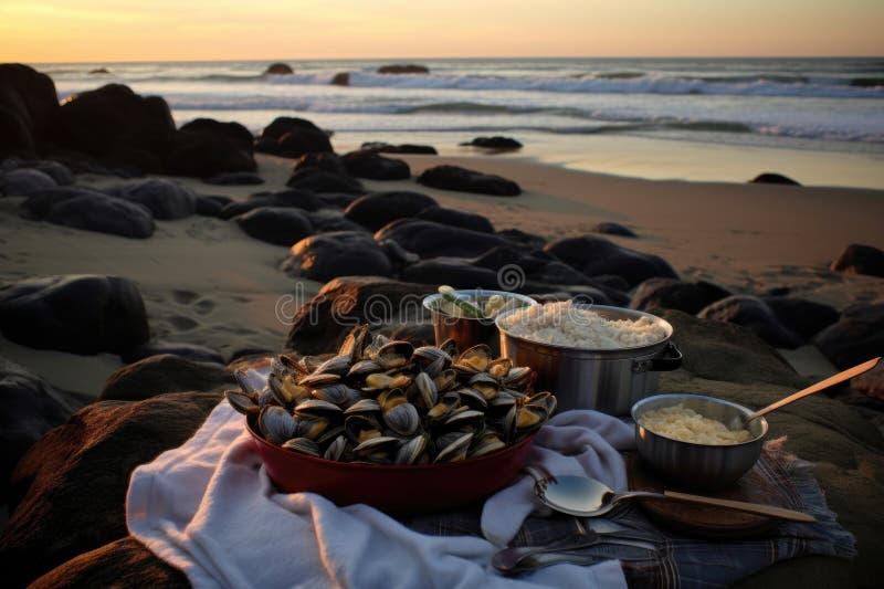 Beach Bbq Picnic Setup Featuring Grilled Clams Stock Illustration ...