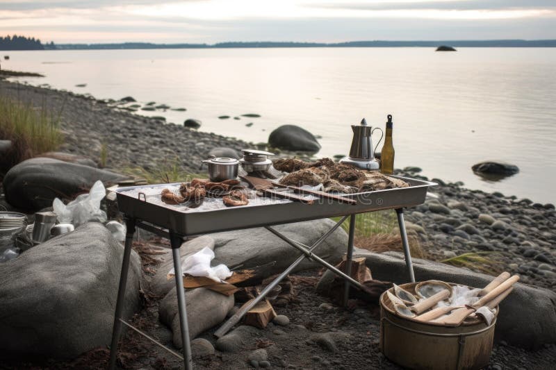 Beach Bbq Setup with Fresh Oysters and Tools Stock Illustration ...