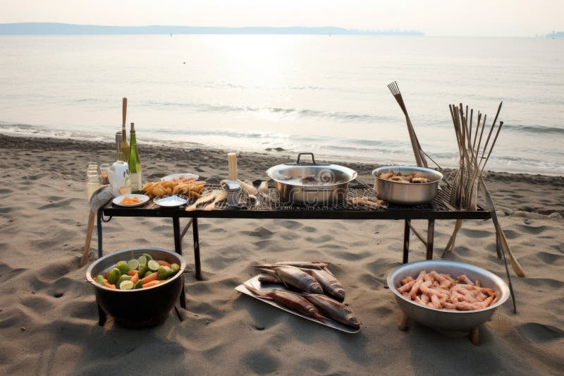 Beach Bbq Setup with Grill, Fresh Fish, and Utensils Stock Illustration ...