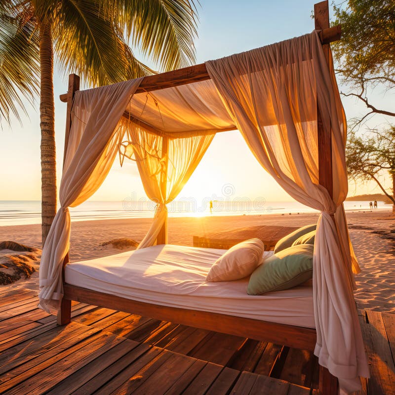 Beach Bed with Sun Flare Twilight Time Stock Photo - Image of outdoor ...