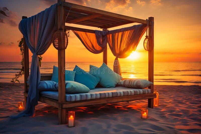 Beach Bed with Sun Flare Twilight Time Stock Image - Image of coast ...