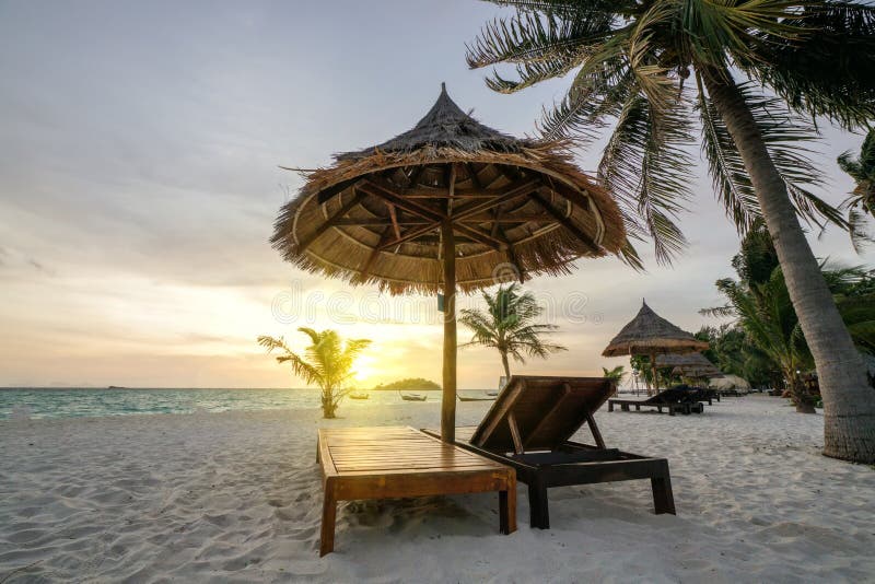 Beach Bed with Sunrise Flare in Morning Time. Stock Photo - Image of ...