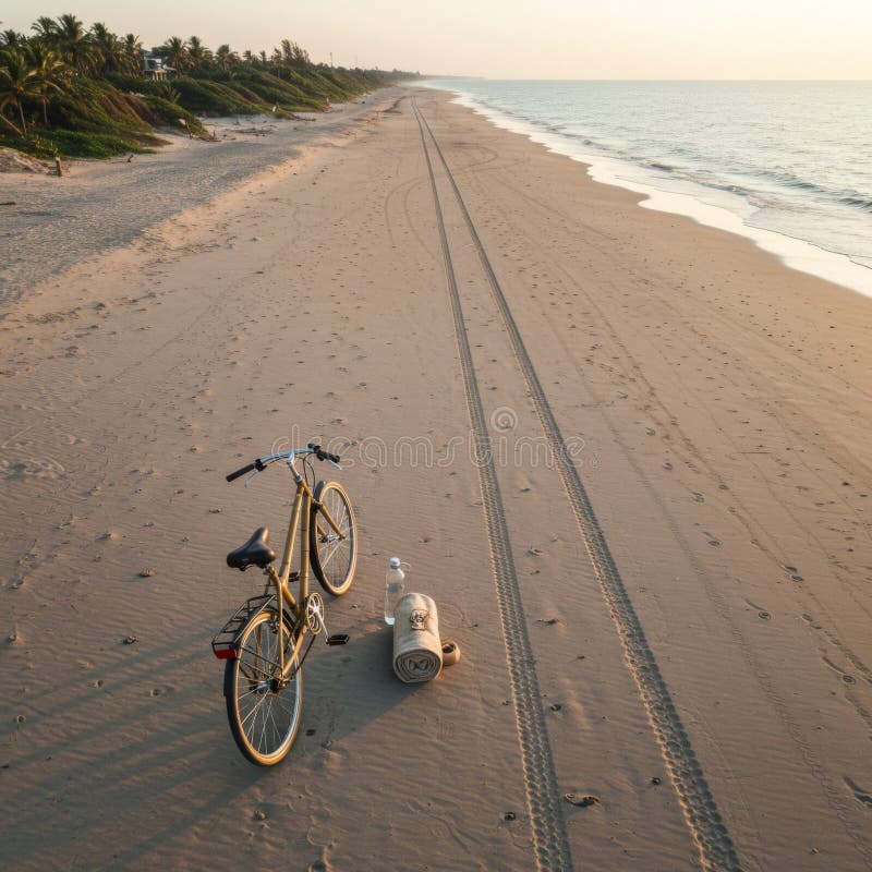 Beach Bicycle at Sunrise Peaceful Coastal Scene Stock Illustration ...